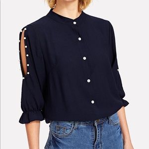 Tops | Split Sleeve Button Down W Faux Pearl Detail | Poshmark